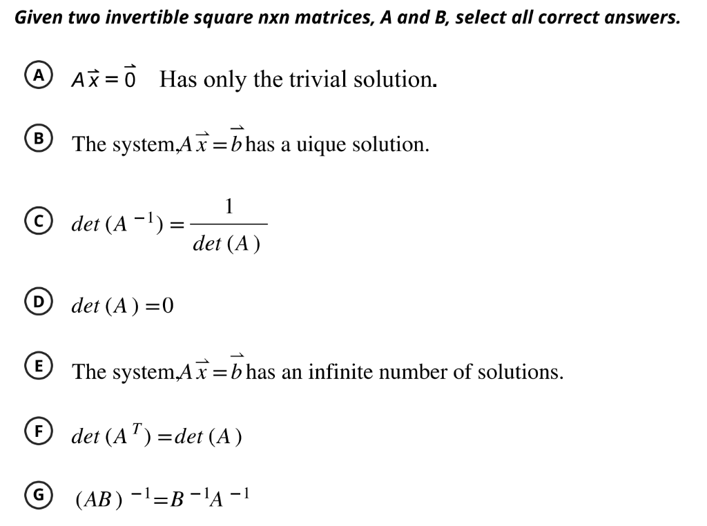 Solved Given two invertible square n×n matrices, A and B, | Chegg.com