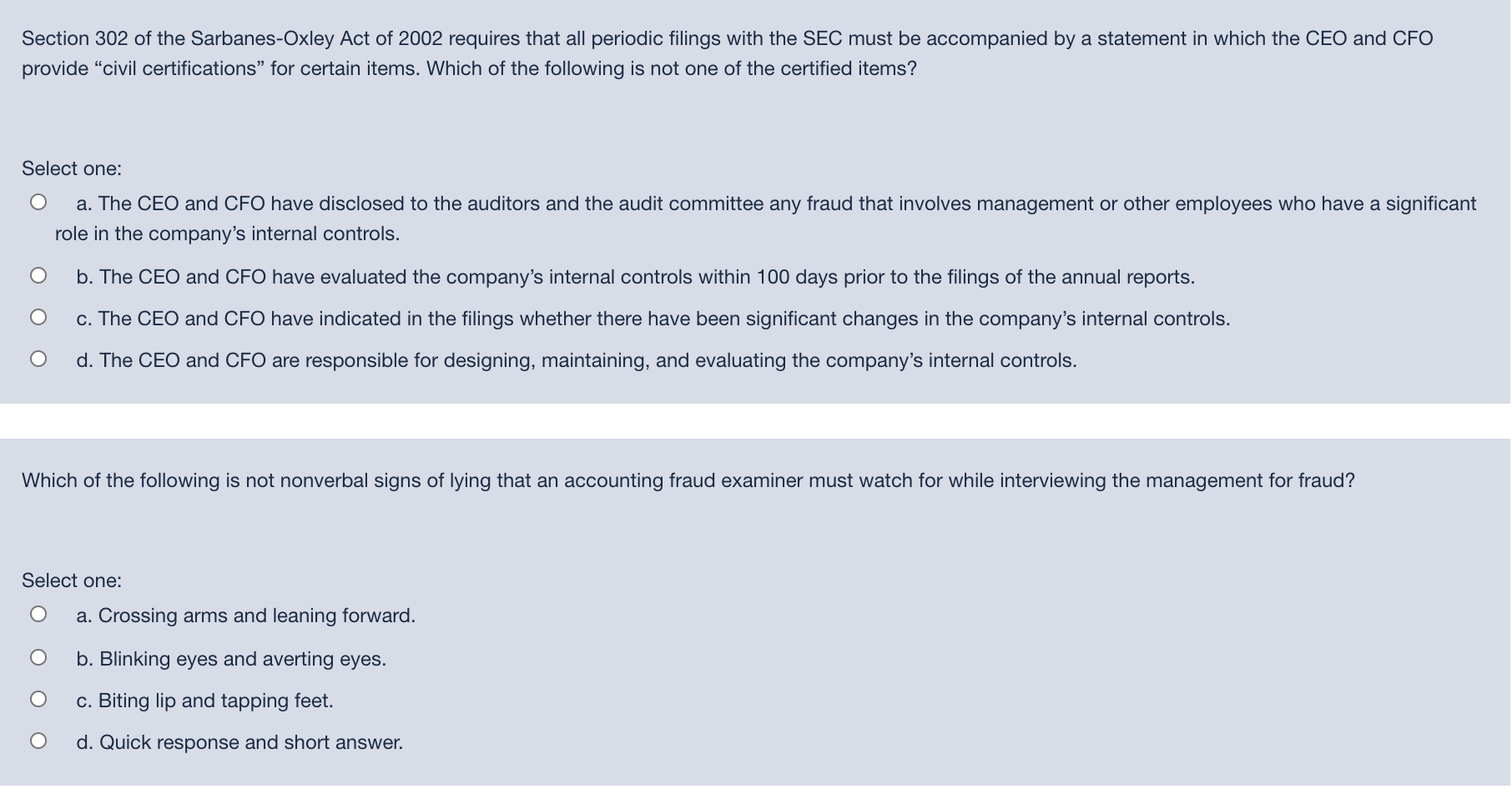 Solved Section 302 of the Sarbanes-Oxley Act of 2002 | Chegg.com