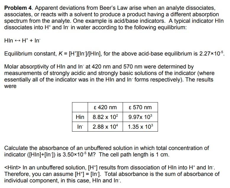 Solved Problem 4. Apparent deviations from Beer's Law arise | Chegg.com