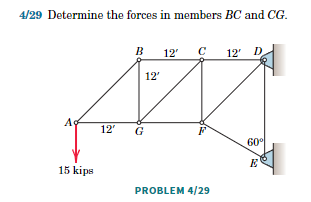 Solved 4/29 Determine the forces in members BC and CG. | Chegg.com