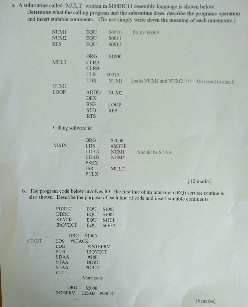 a. A subroutine called MULT' written in M68HC11 | Chegg.com