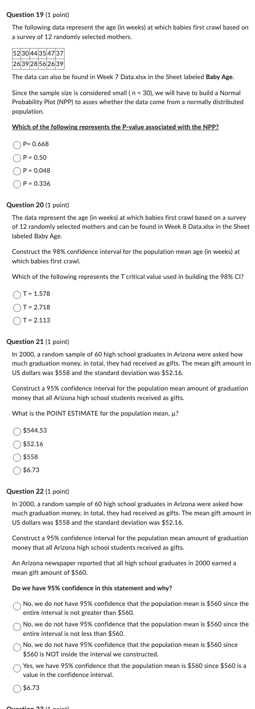 Solved Question 19 (1 point) The following data represent | Chegg.com
