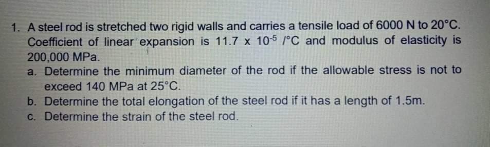 Solved 1. A steel rod is stretched two rigid walls and | Chegg.com