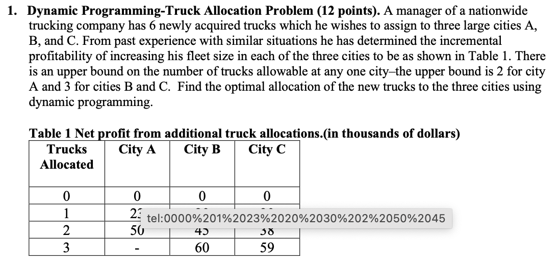 1. Dynamic Programming-Truck Allocation Problem (12 | Chegg.com