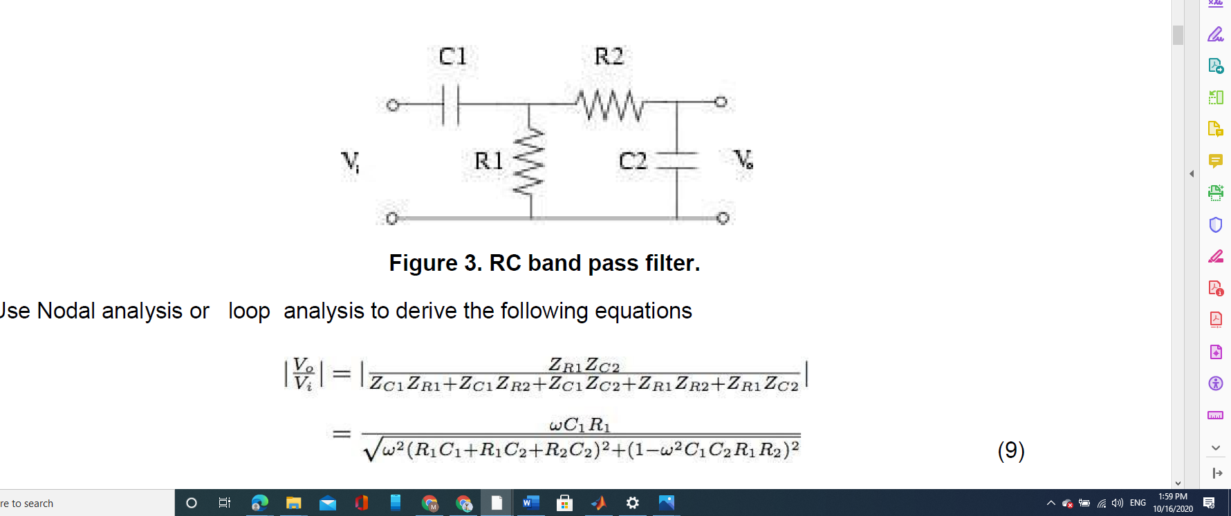 Solved lu C1 R2 WW V. R1 Figure 3. RC band pass filter. Jse | Chegg.com