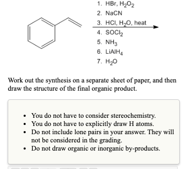 Solved 1. HBr, H2O2 2. NaCN 3. HCI, H2O, heat 4. SOCI 5. NH3 | Chegg.com