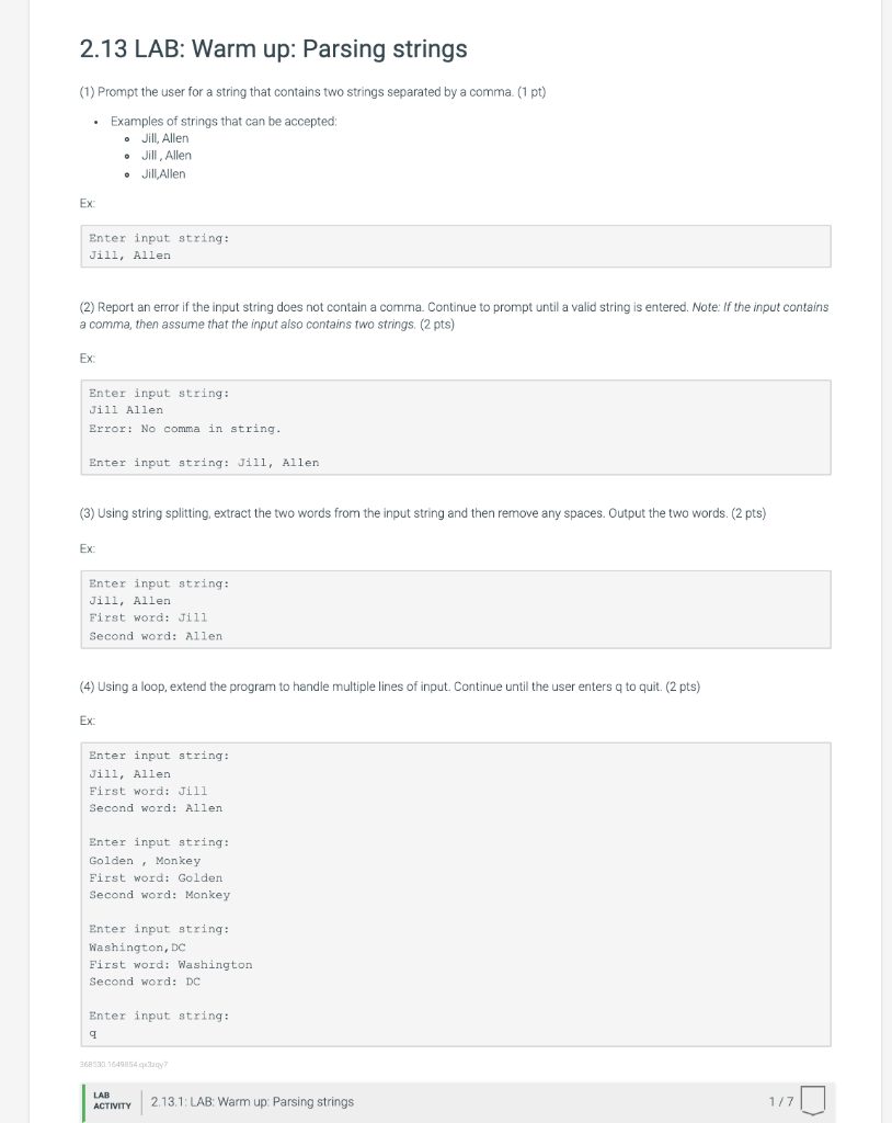 Solved 2.13 LAB: Warm up: Parsing strings (1) Prompt the | Chegg.com