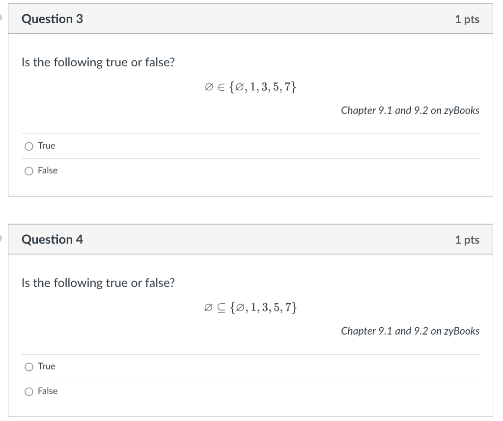 Solved Is the following true or false? ∅∈{∅,1,3,5,7} Chapter | Chegg.com