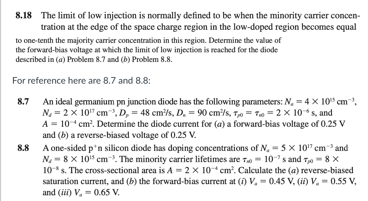 Solved 8.18 The limit of low injection is normally defined | Chegg.com