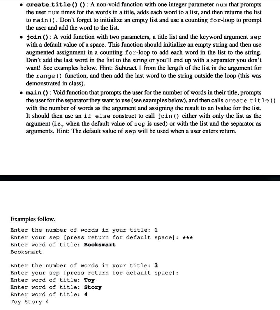 Solved • create_title() (): A non-void function with one | Chegg.com