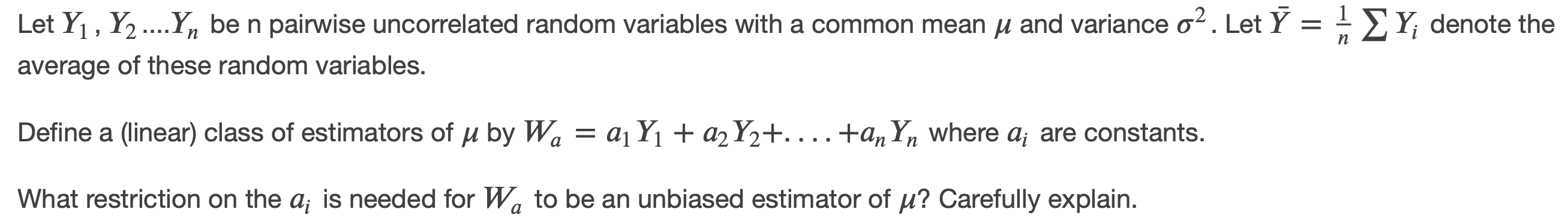 Solved Let Y1 , Y2...Yn be n pairwise uncorrelated random | Chegg.com