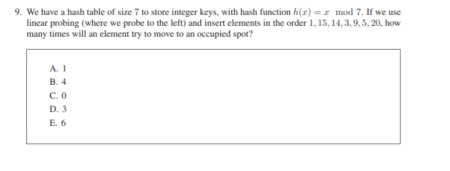 Solved 9. We have a hash table of size 7 to store integer | Chegg.com
