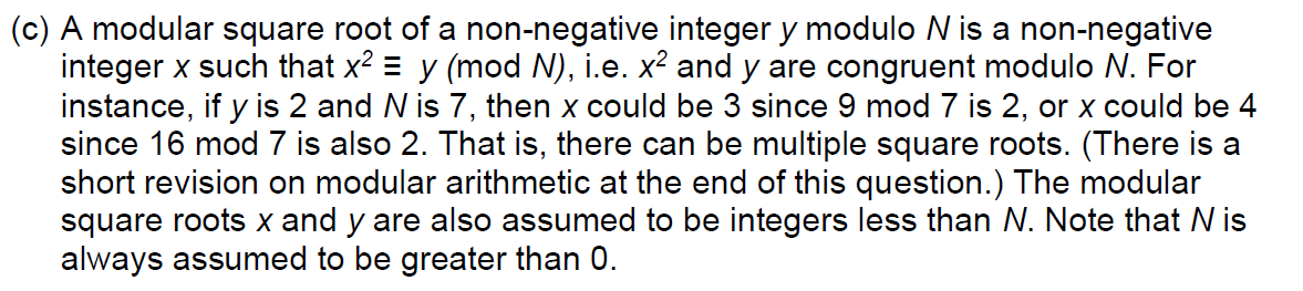 Solved c) A modular square root of a non-negative integer y | Chegg.com
