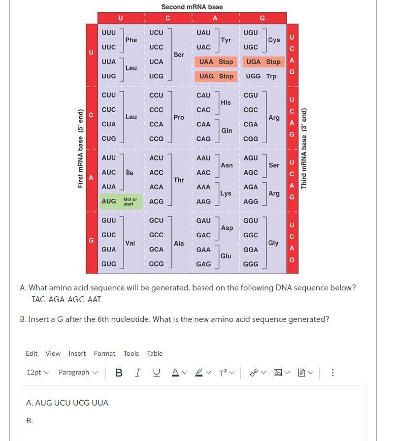 Solved Second mRNA base с A U G UUU UCU UAU UGU Phe Tyr Cys | Chegg.com