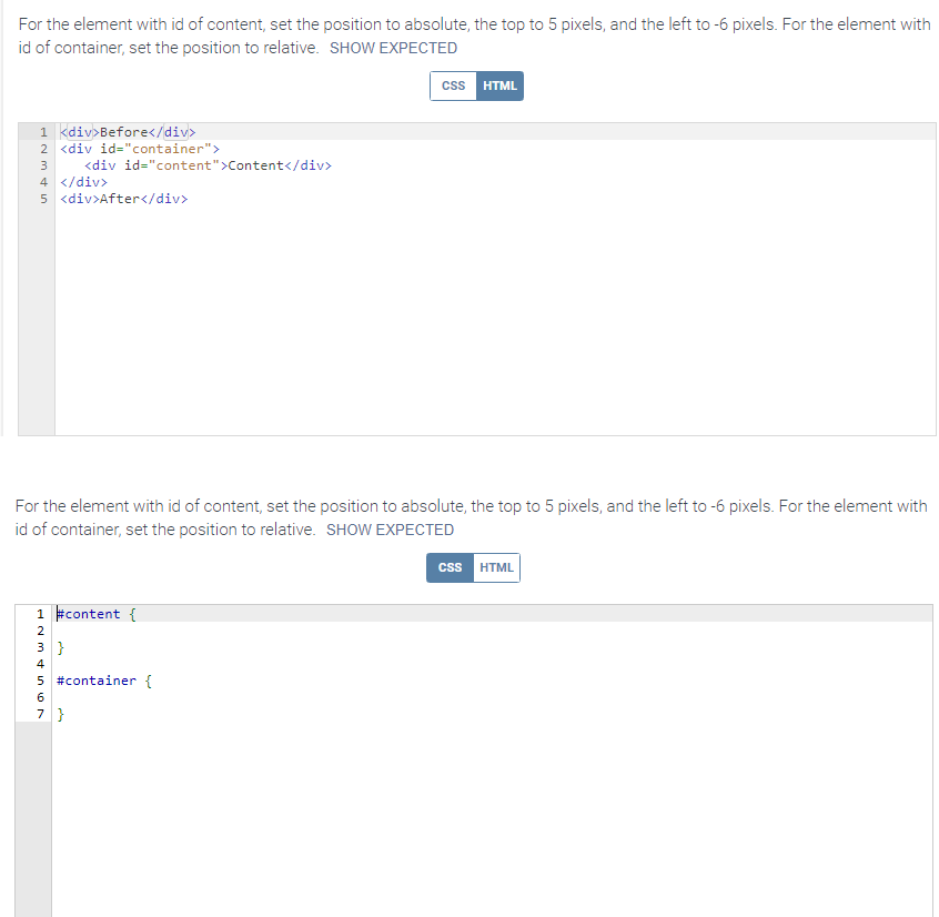 Solved For the element with id of content, set the position | Chegg.com