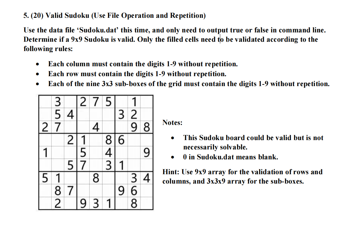 Solved 5. (20) Valid Sudoku (Use File Operation and | Chegg.com