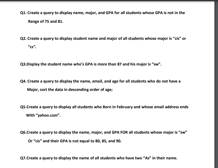 Solved Q1. Create a query to display name, major, and GPA | Chegg.com