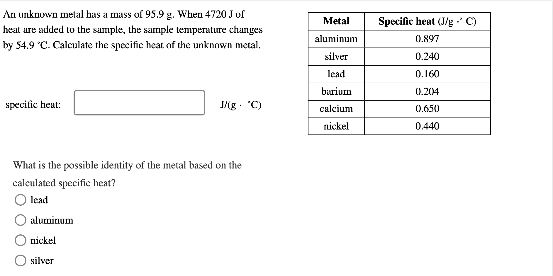 Solved An unknown metal has a mass of 95.9 g. When 4720 J of | Chegg.com