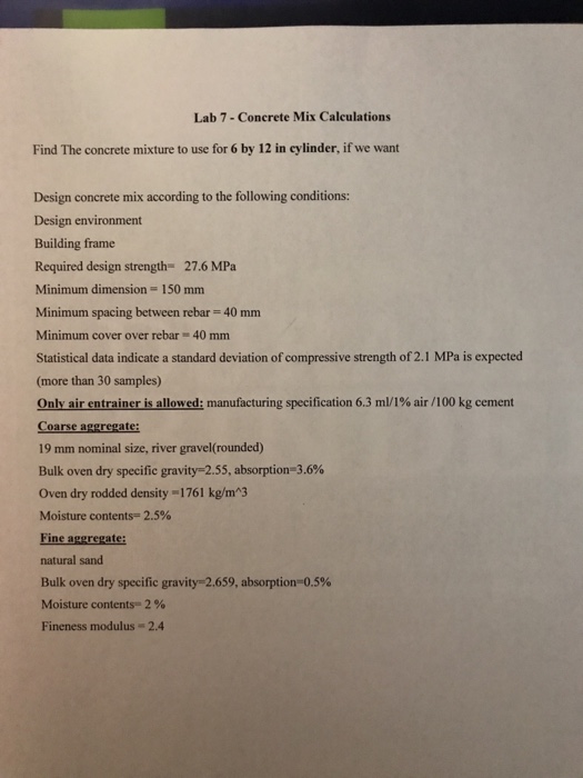 Solved Lab 7-Concrete Mix Calculations Find The concrete | Chegg.com