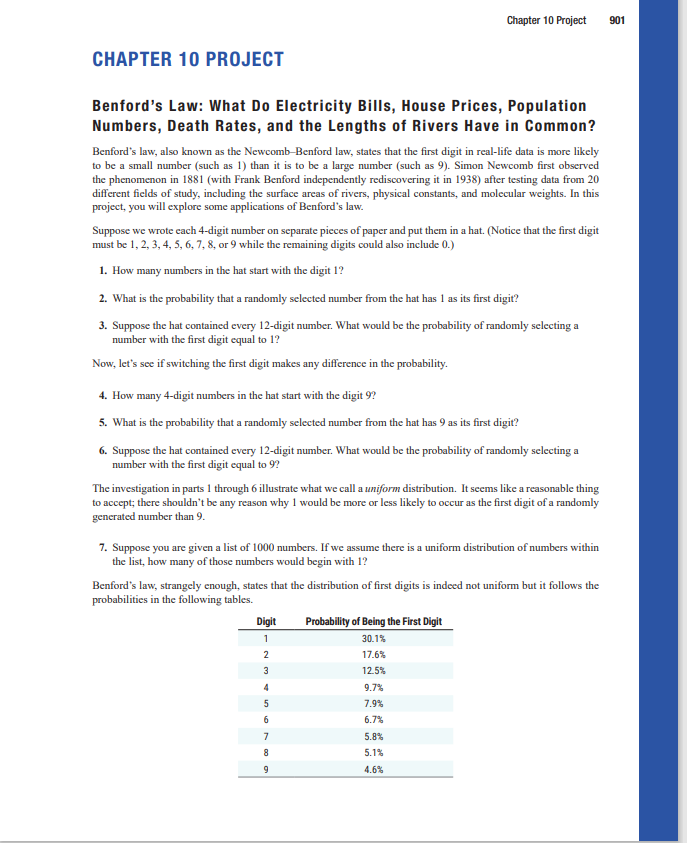 Solved CHAPTER 10 ﻿PROJECTBenford's Law: What Do Electricity | Chegg.com