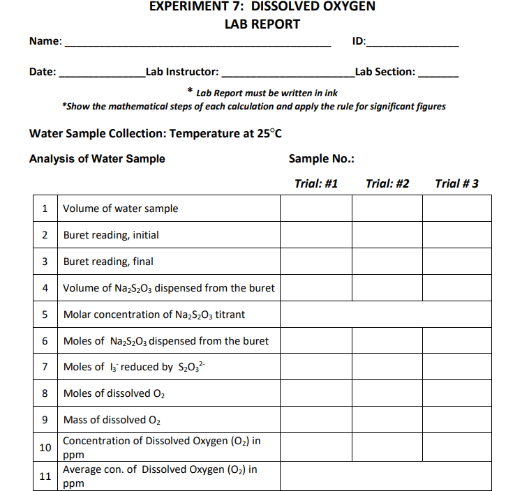 Solved EXPERIMENT 7: DISSOLVED OXYGEN LAB REPORT ID: Name: | Chegg.com