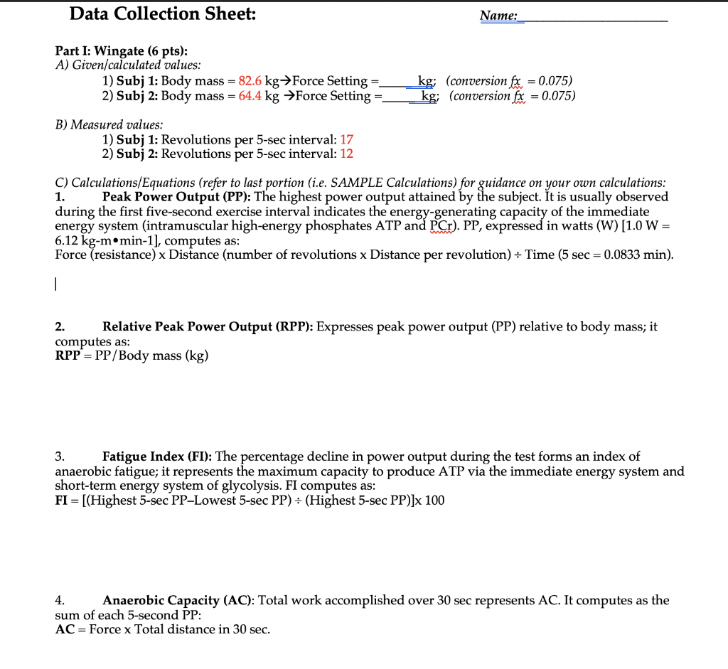 Data Collection Sheet: Name: Part I: Wingate (6 pts): | Chegg.com