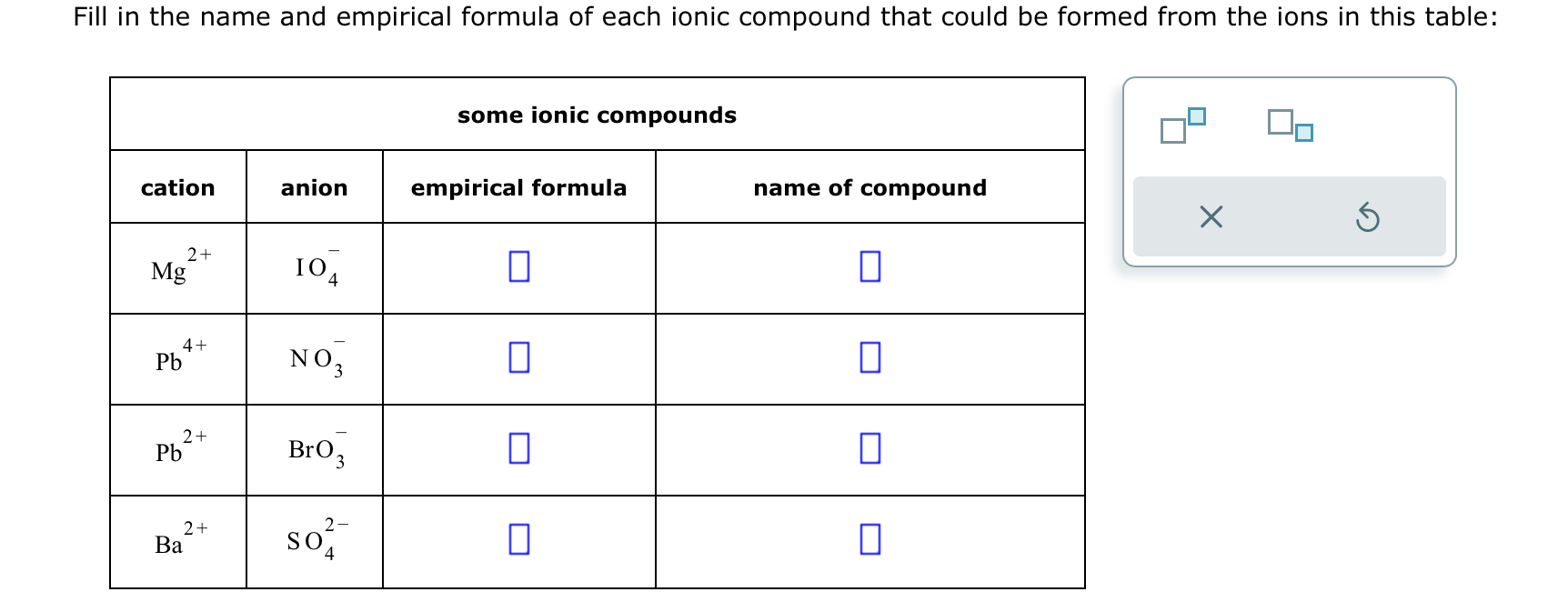 Solved Fill in the name and empirical formula of each ionic | Chegg.com