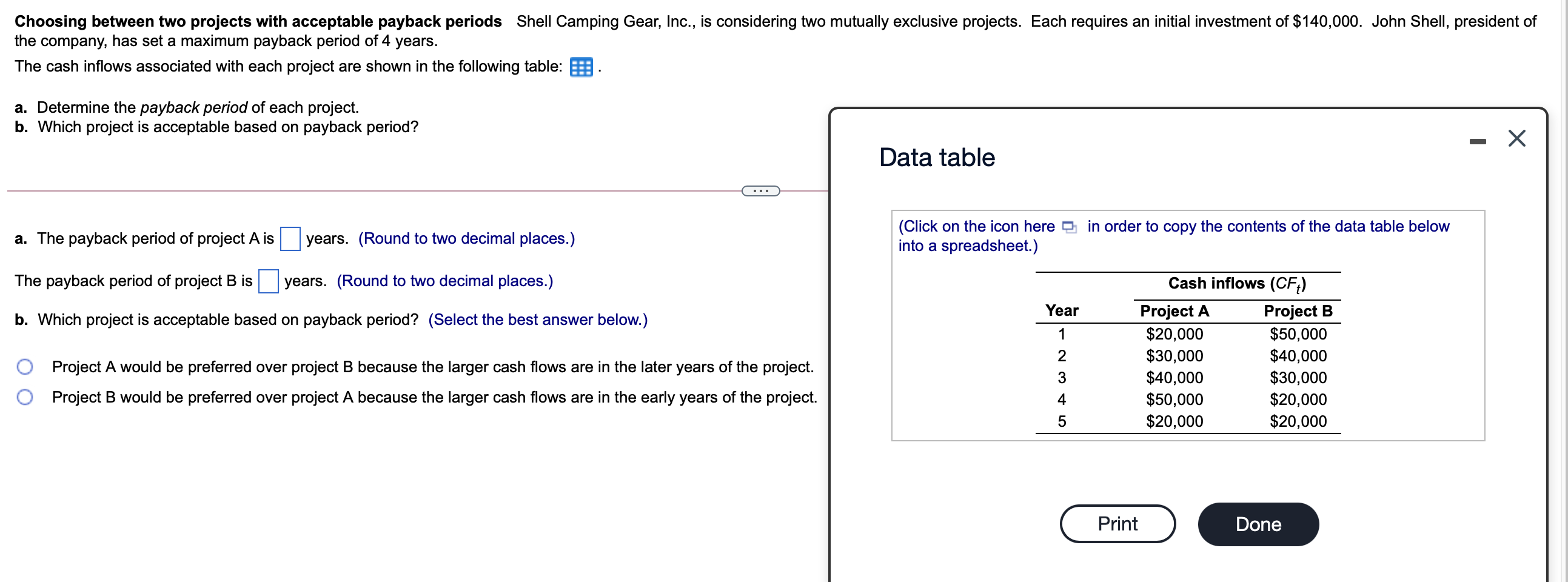 Solved Choosing between two projects with acceptable payback | Chegg.com