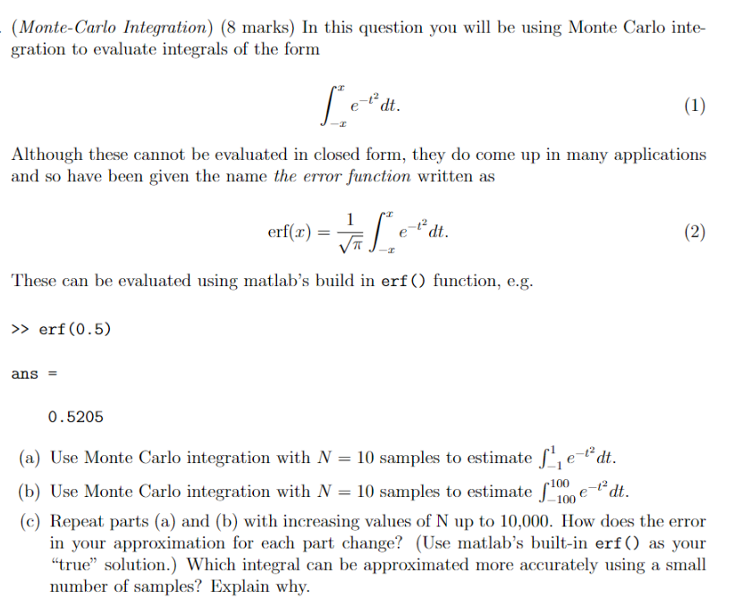 Solved Monte Carlo Integration 8 Marks In This Question 8992