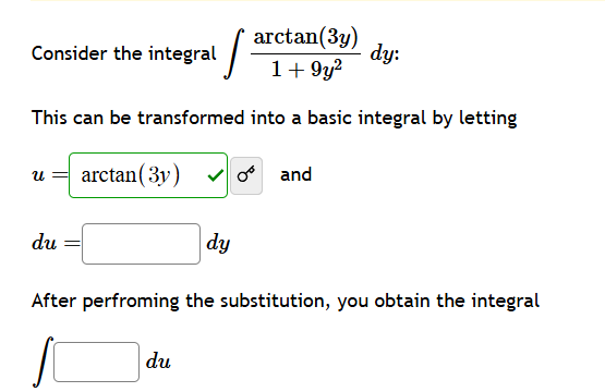 Consider the integral ∫﻿﻿arctan(3y)1+9y2dy ﻿:This can | Chegg.com