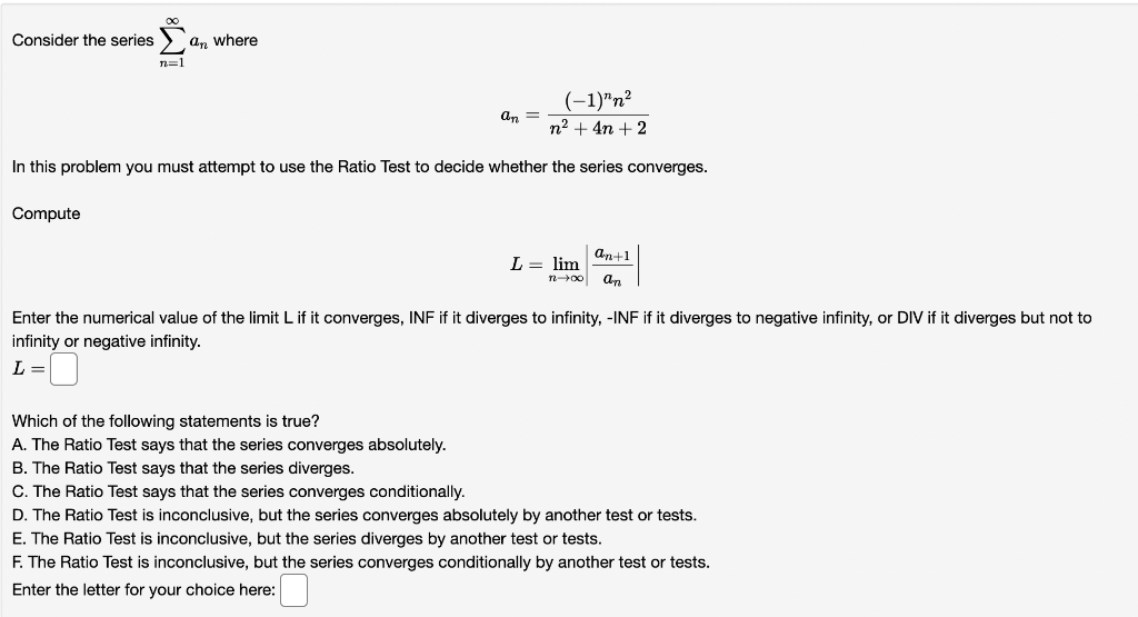 Solved Consider the series ∑n=1∞an where an=n2+4n+2(−1)nn2 | Chegg.com