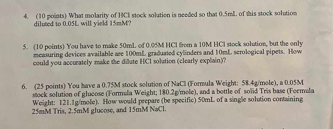 Solved 4. (10 points) What molarity of HCl stock solution is | Chegg.com