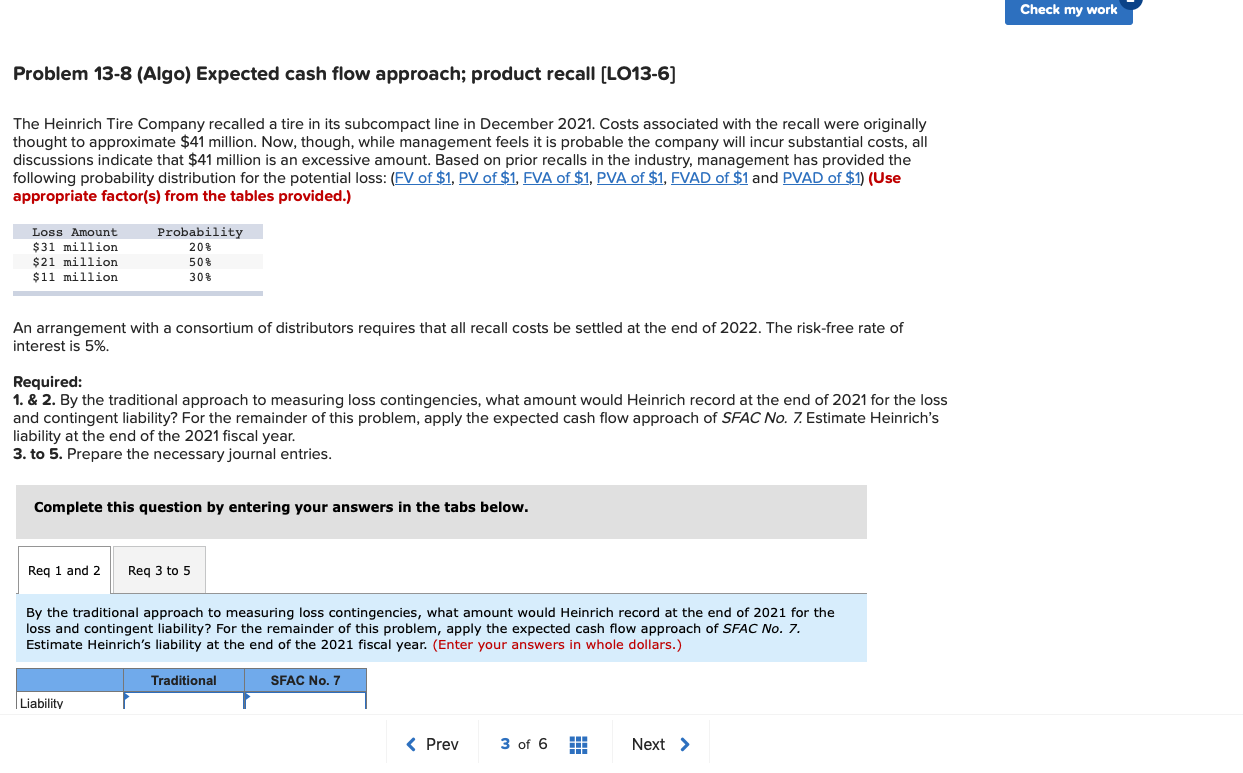 Solved Check my work Problem 13-8 (Algo) Expected cash flow | Chegg.com
