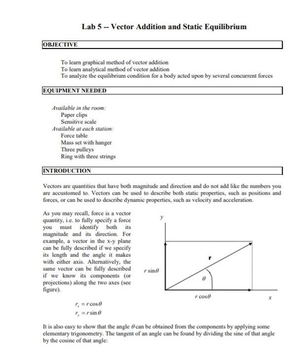 Lab 5 -- Vector Addition and Static Equilibrium | Chegg.com