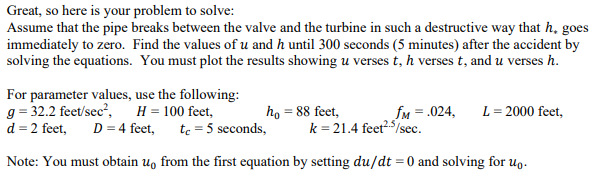 I need to use the Runge Kutta method to find u and h | Chegg.com