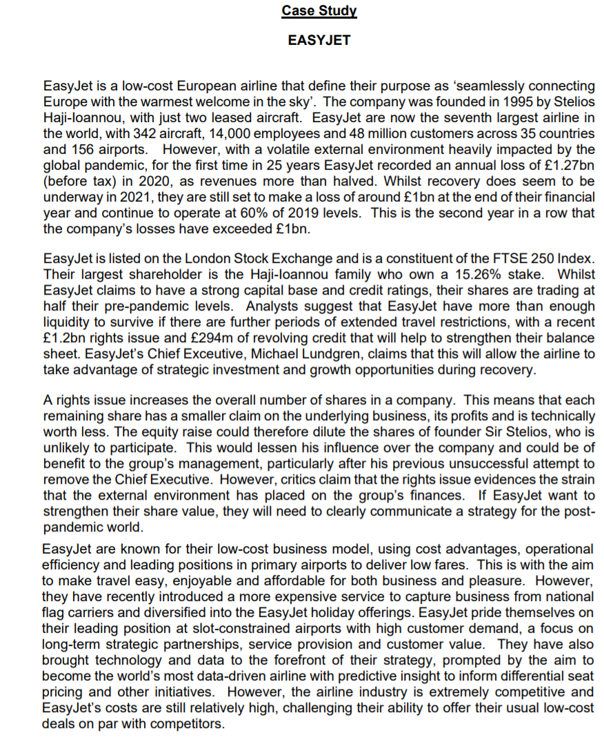 Solved Case Study EASYJET EasyJet is a low-cost European | Chegg.com