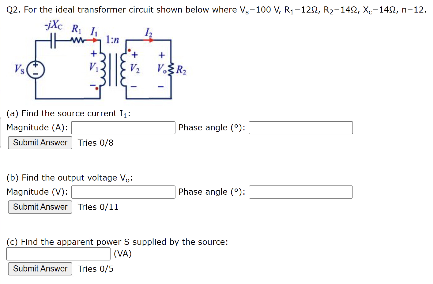 Solved Q2. ﻿For the ideal transformer circuit shown below | Chegg.com