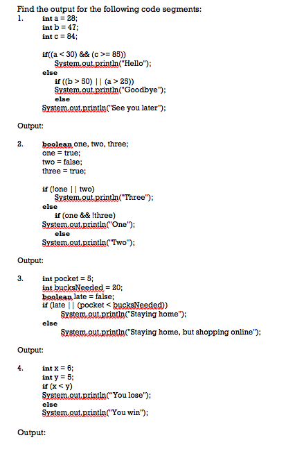 Solved Find The Output For The Following Code Segments Int