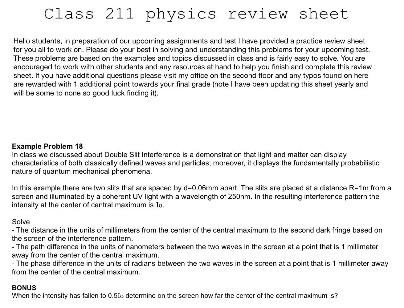 Solved Class 211 physics review sheet Hello students, in | Chegg.com