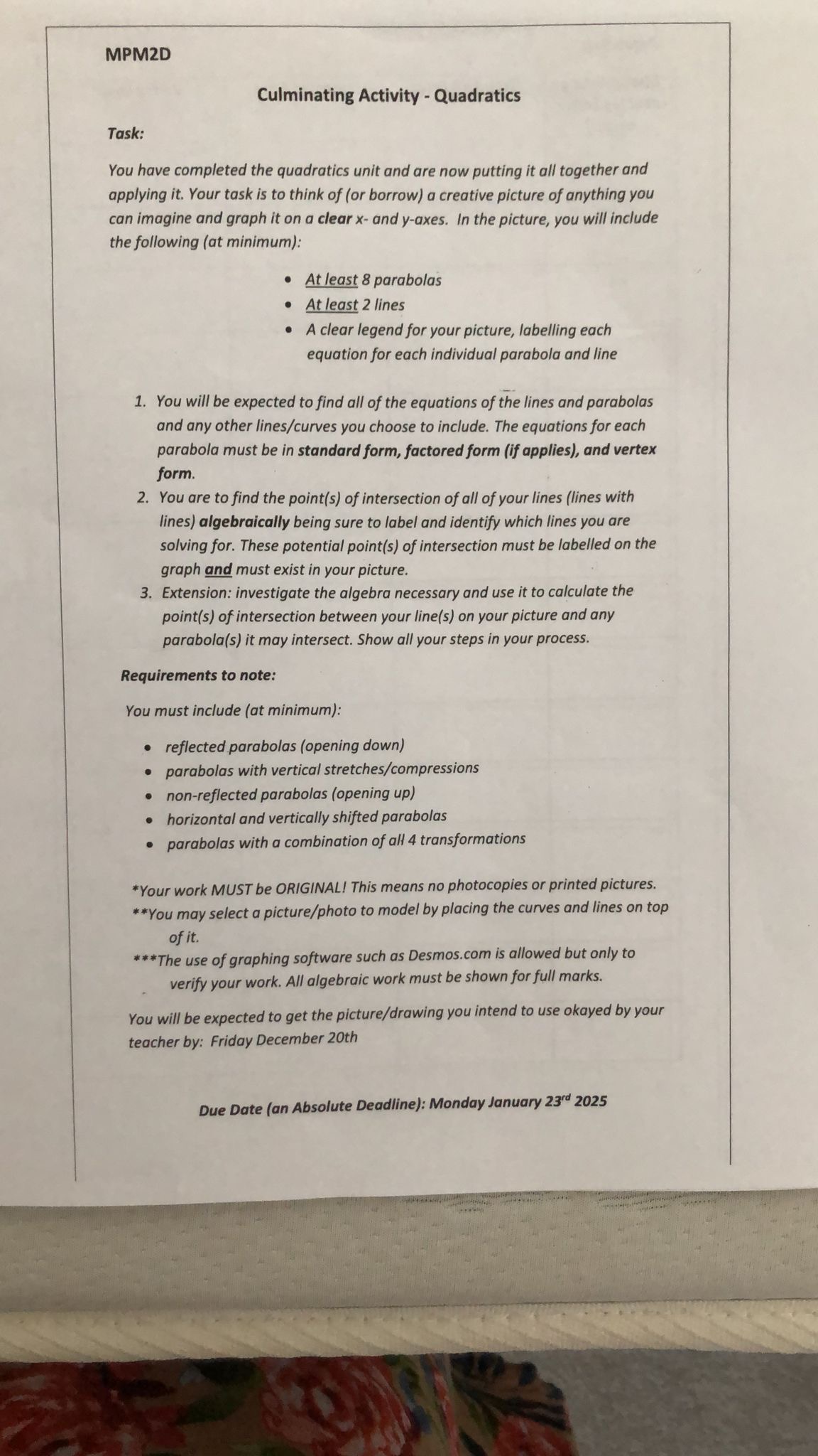MPM2DCulminating Activity - ﻿QuadraticsTask:You have | Chegg.com