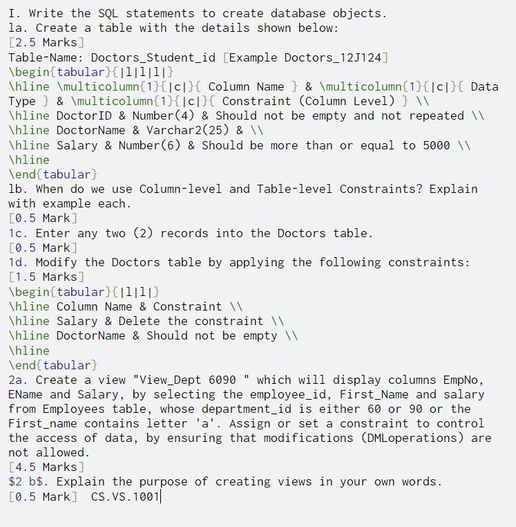 Solved I. Write the SQL statements to create database | Chegg.com