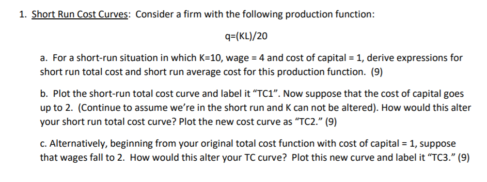 Solved 1. Short Run Cost Curves: Consider a firm with the | Chegg.com