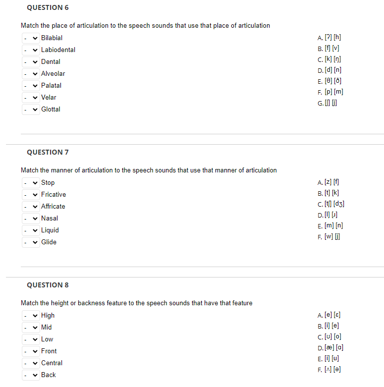 Match the place of articulation to the speech sounds | Chegg.com