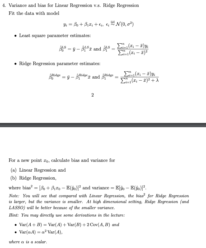 Variance and bias for Linear Regression v.s. ﻿Ridge | Chegg.com