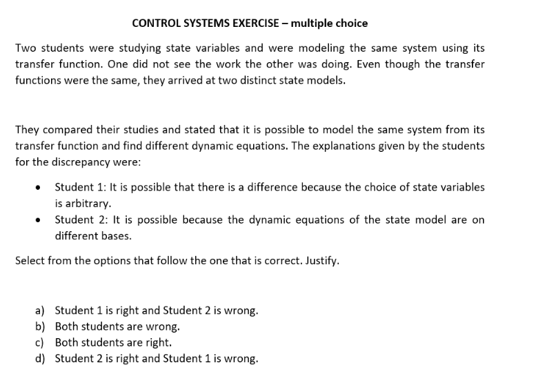 Solved CONTROL SYSTEMS EXERCISE – multiple choice Two | Chegg.com
