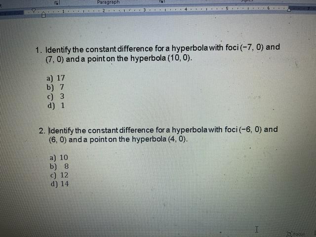 Solved 1). Identify the constant difference for a hyperbola | Chegg.com