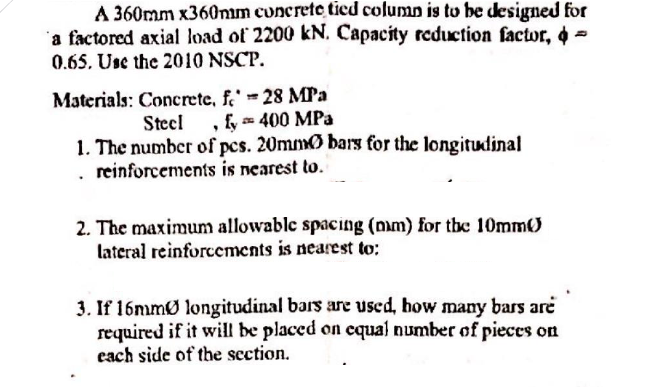 Solved A 360mm x360mm concrete tied column is to be designed | Chegg.com