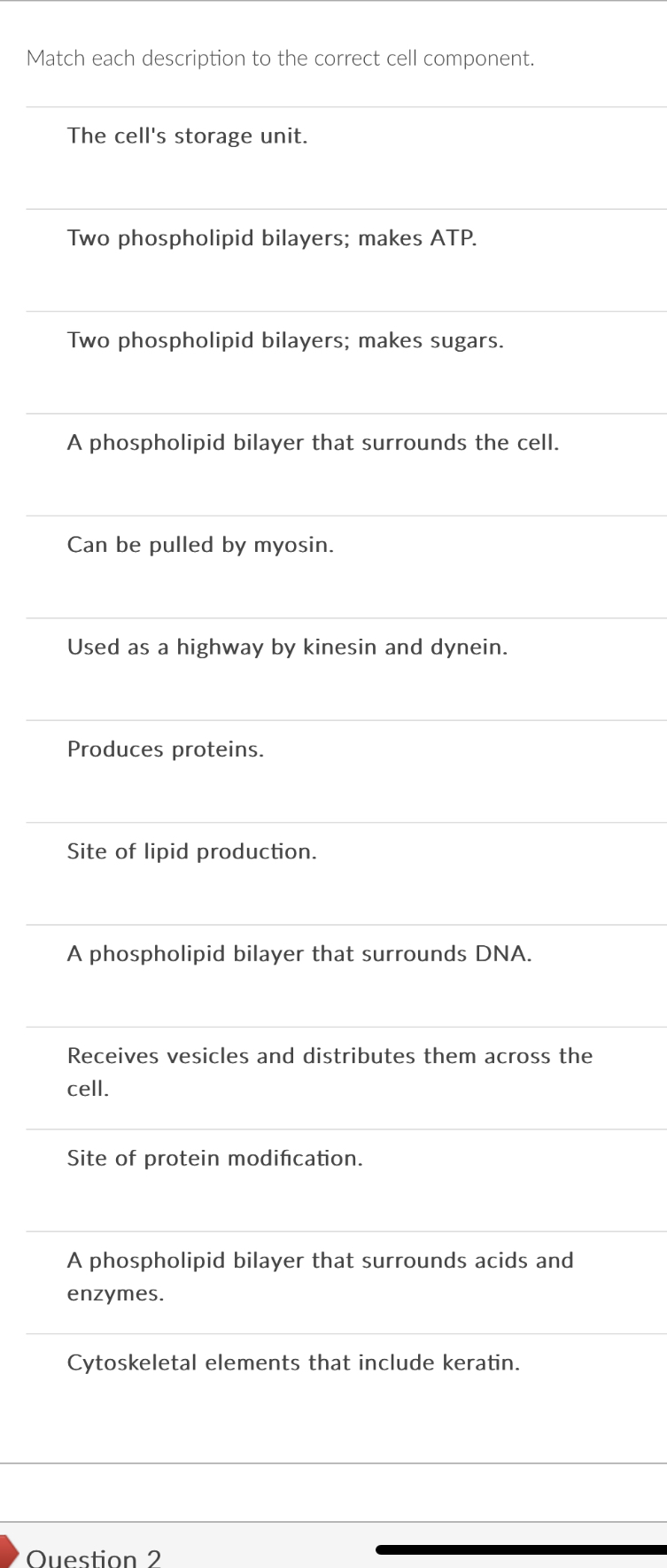 Solved Match each description to the correct cell component. | Chegg.com