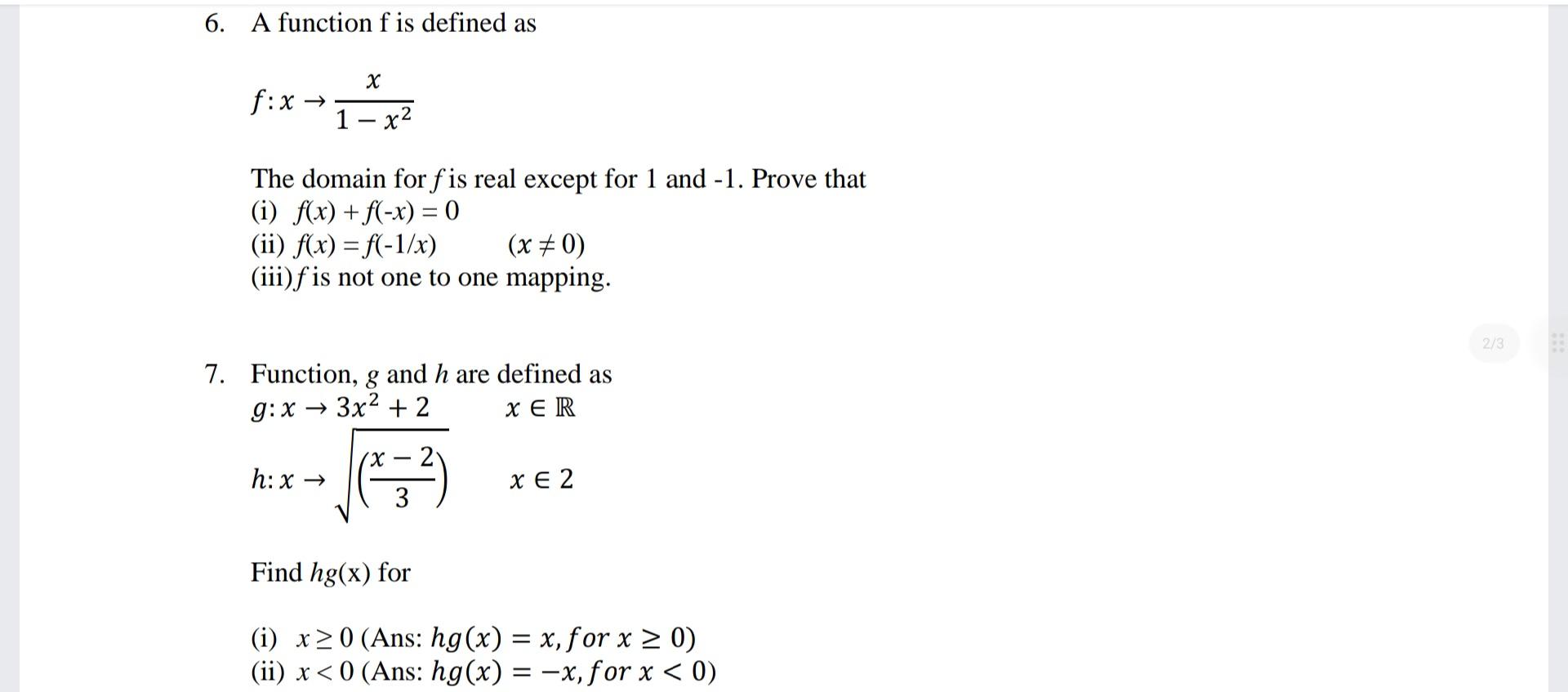 Solved 6. A function f is defined as f:x→1−x2x The domain | Chegg.com