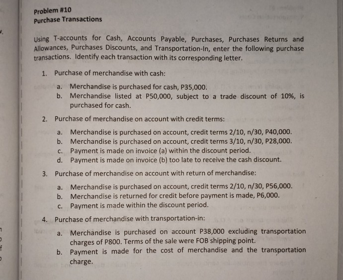Solved Problem #10 Purchase Transactions Using T-accounts | Chegg.com